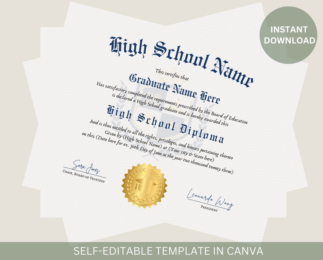 Editable High School Diploma Template: Replica of Graduation ...