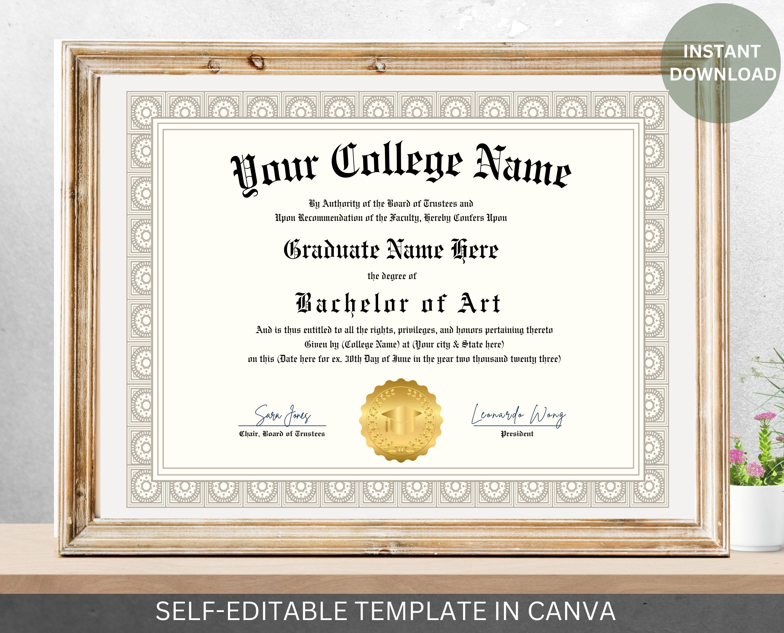 Editable College Diploma With Gold Seal Printable College Graduation ...