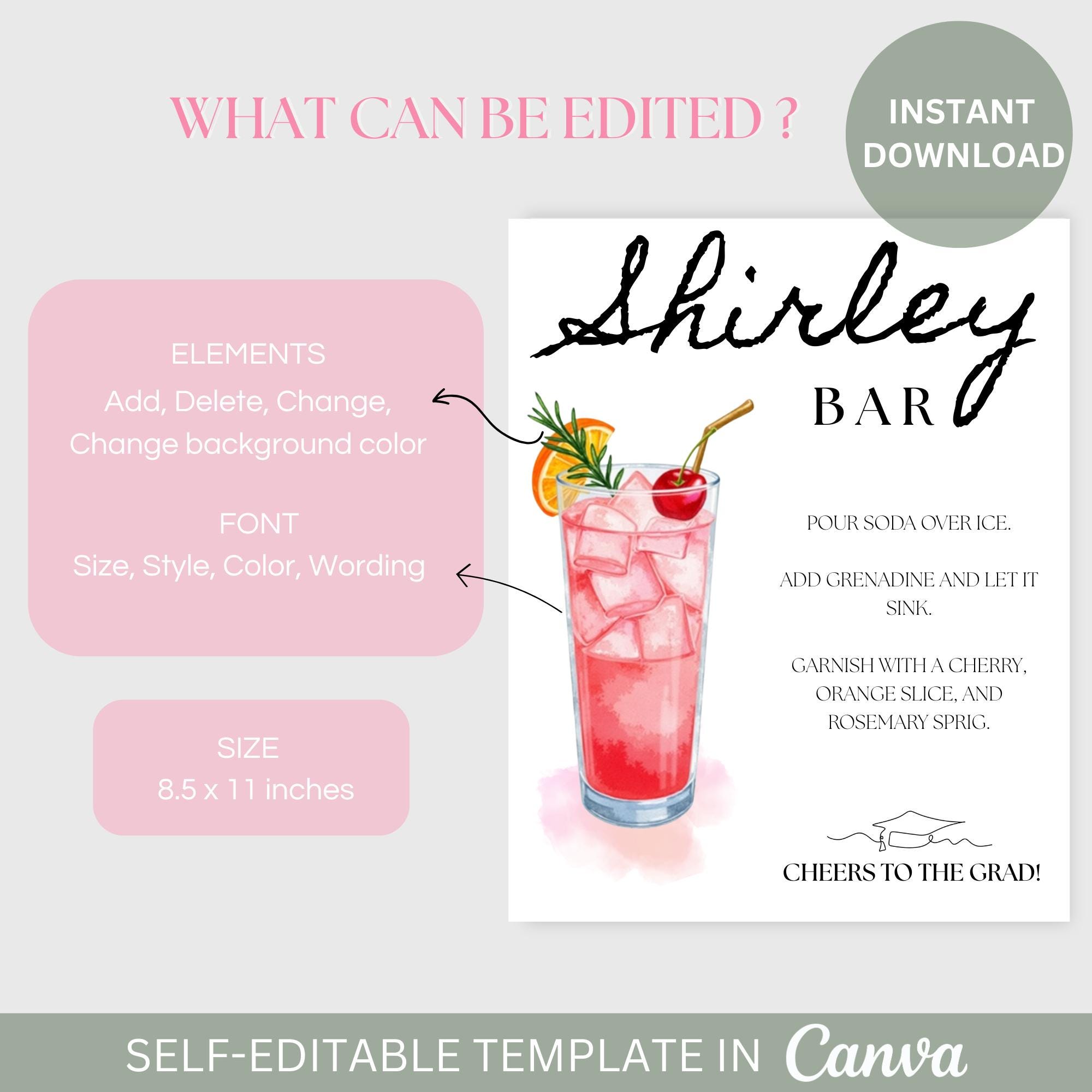 Editable Shirley Temple Bar Sign: Graduation Party Mocktail Decor ...