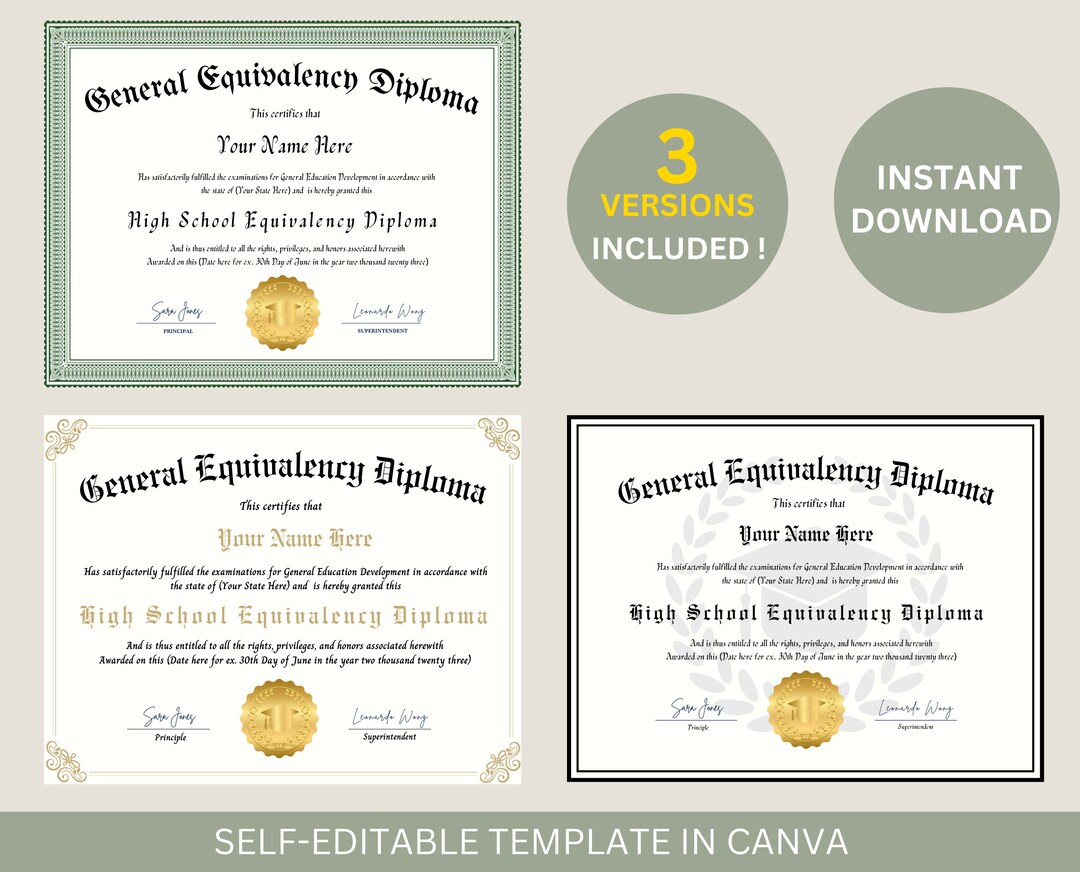 BUNDLE Editable GED Diploma With Gold Seal Printable High School ...