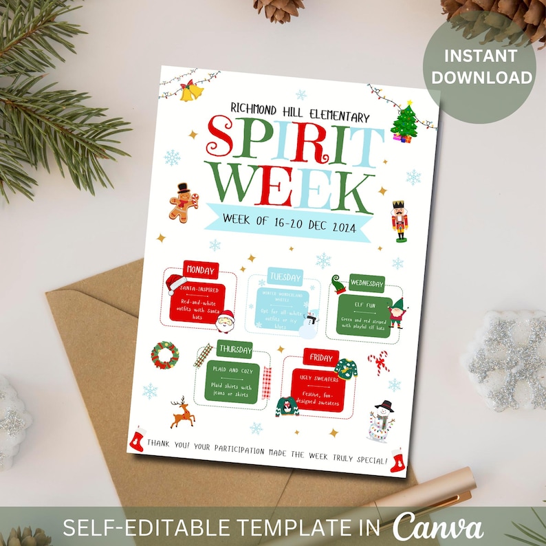 Editable Christmas Spirit Week Itinerary Schedule Flyer for Elementary ...