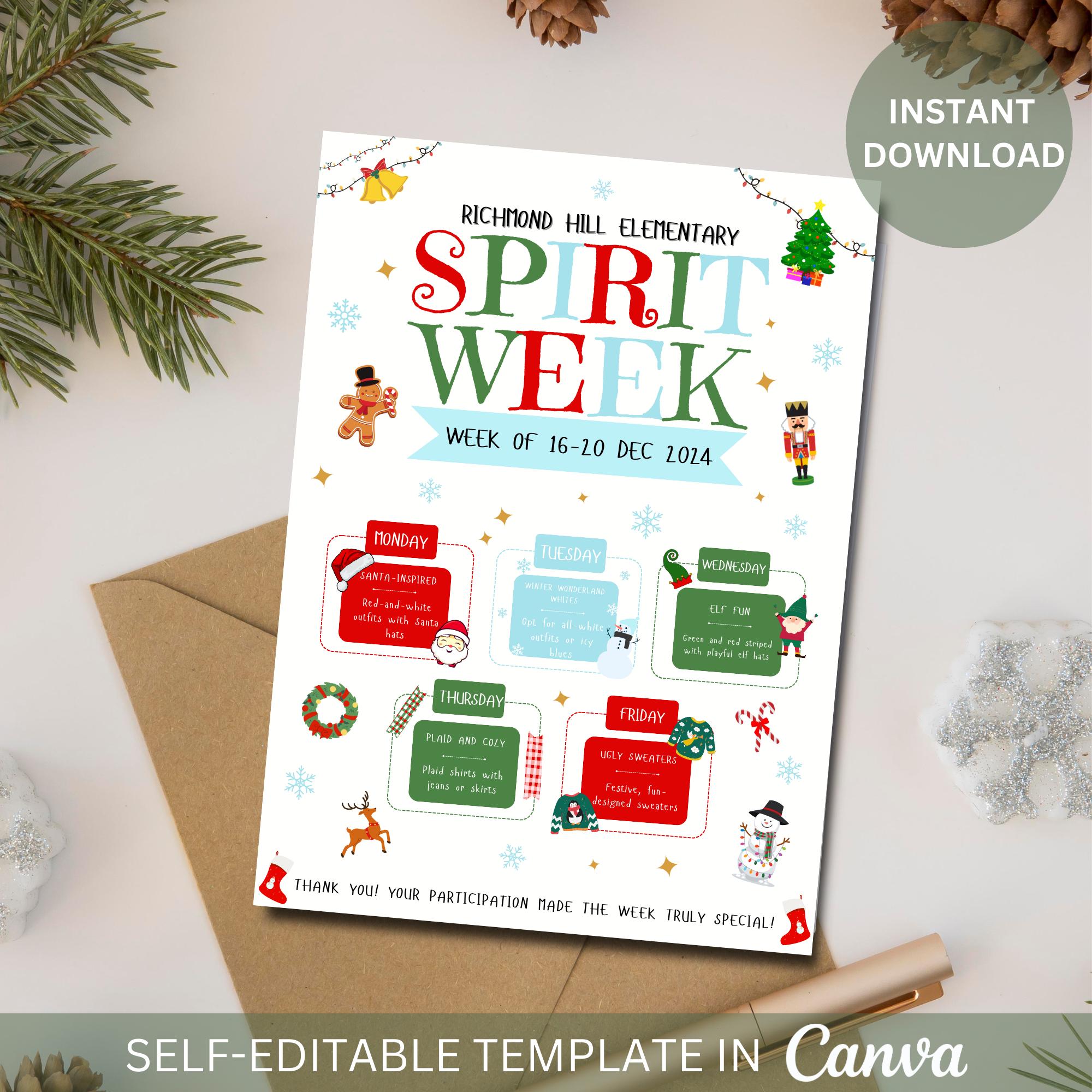 Editable Christmas Spirit Week Flyer: School Holiday Dress-up Schedule ...
