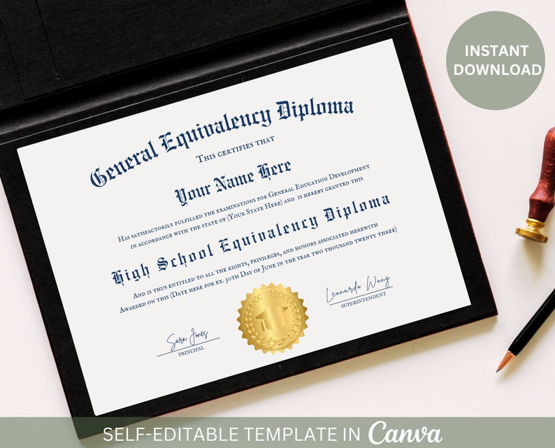 Editable GED Diploma With Gold Seal Graduation Certificate Printable ...