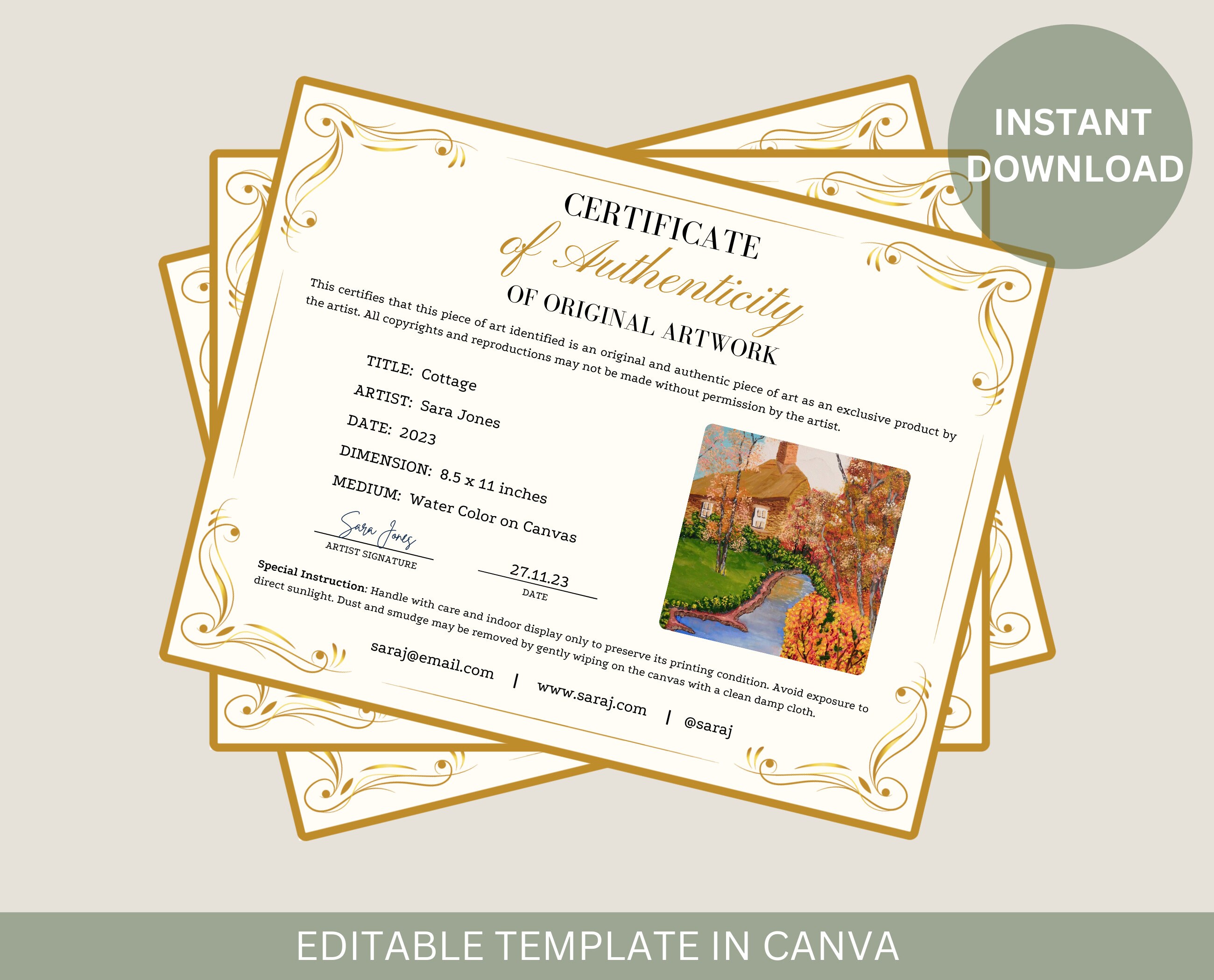 Editable Certificate of Authenticity of Original Artwork Printable ...