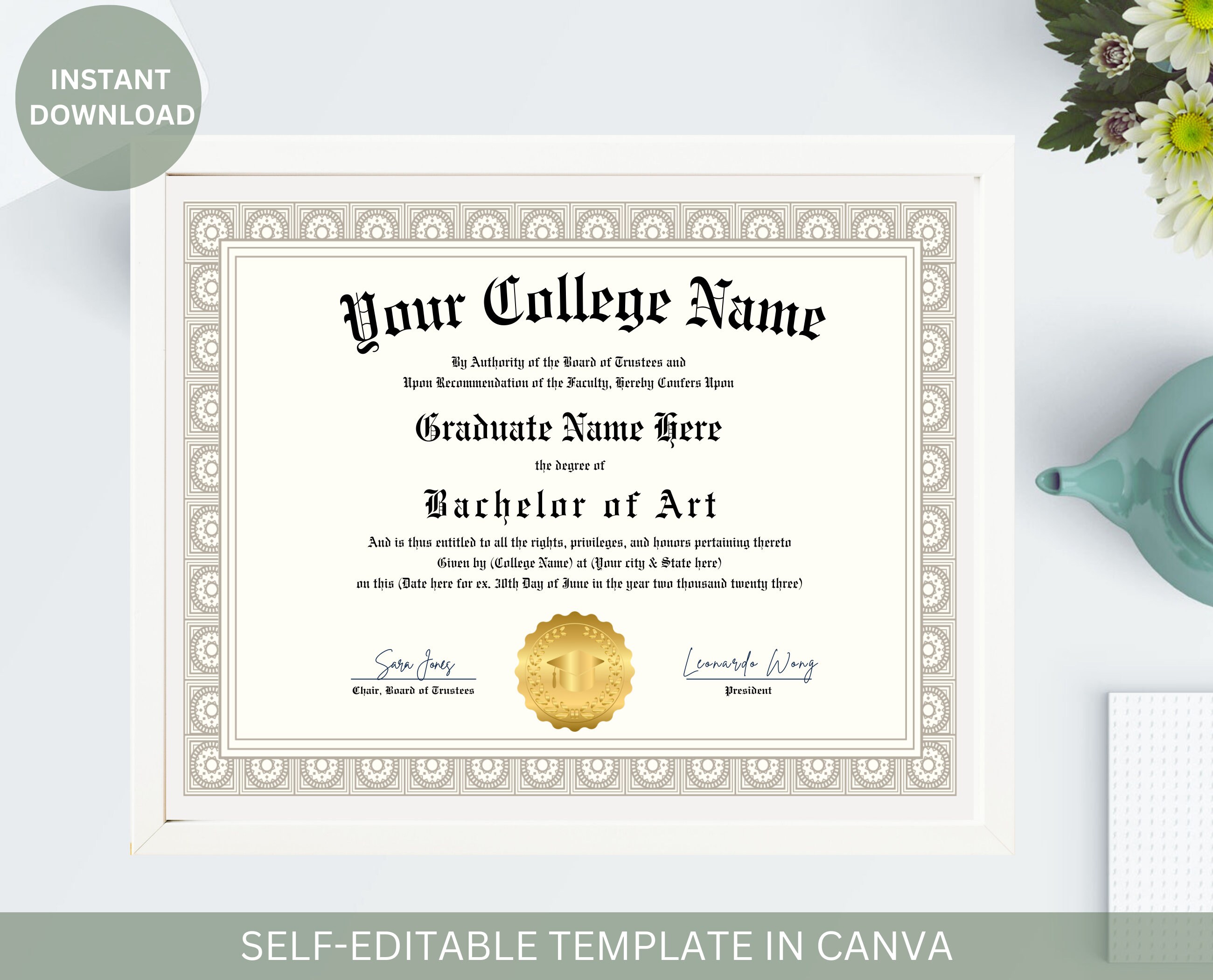 Editable College Diploma Template: Replica of Graduation Certificate ...