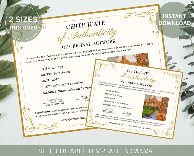 Editable Certificate of Authenticity of Original Artwork Printable ...