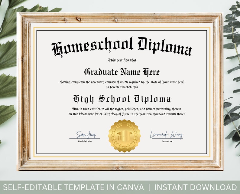 Editable Homeschool Diploma With Gold Seal Printable Homeschool ...