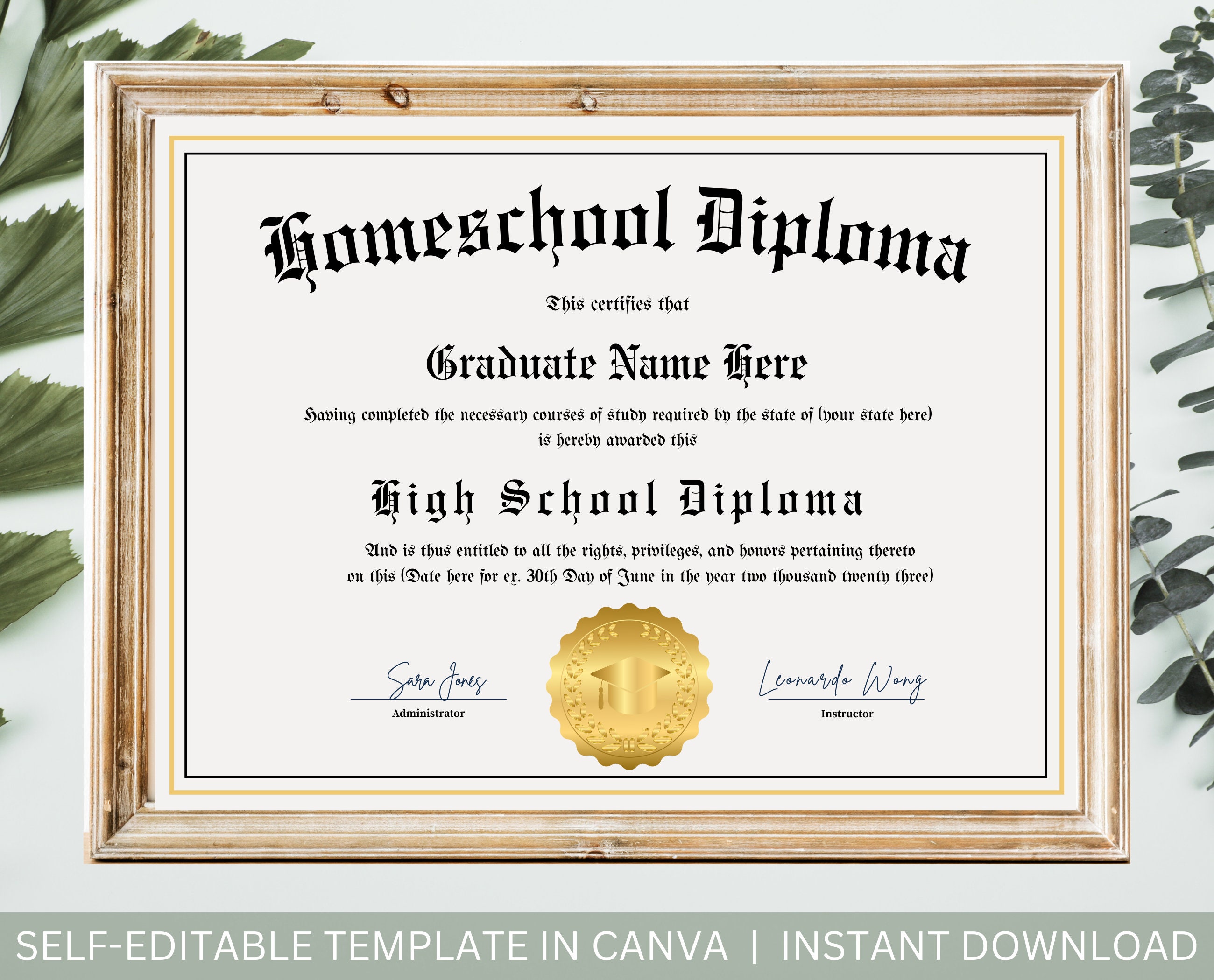 Editable Homeschool Diploma With Gold Seal Printable Homeschool ...