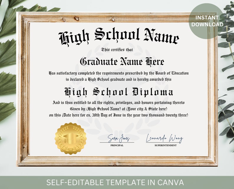 Editable High School Diploma Template: Replica of Graduation ...