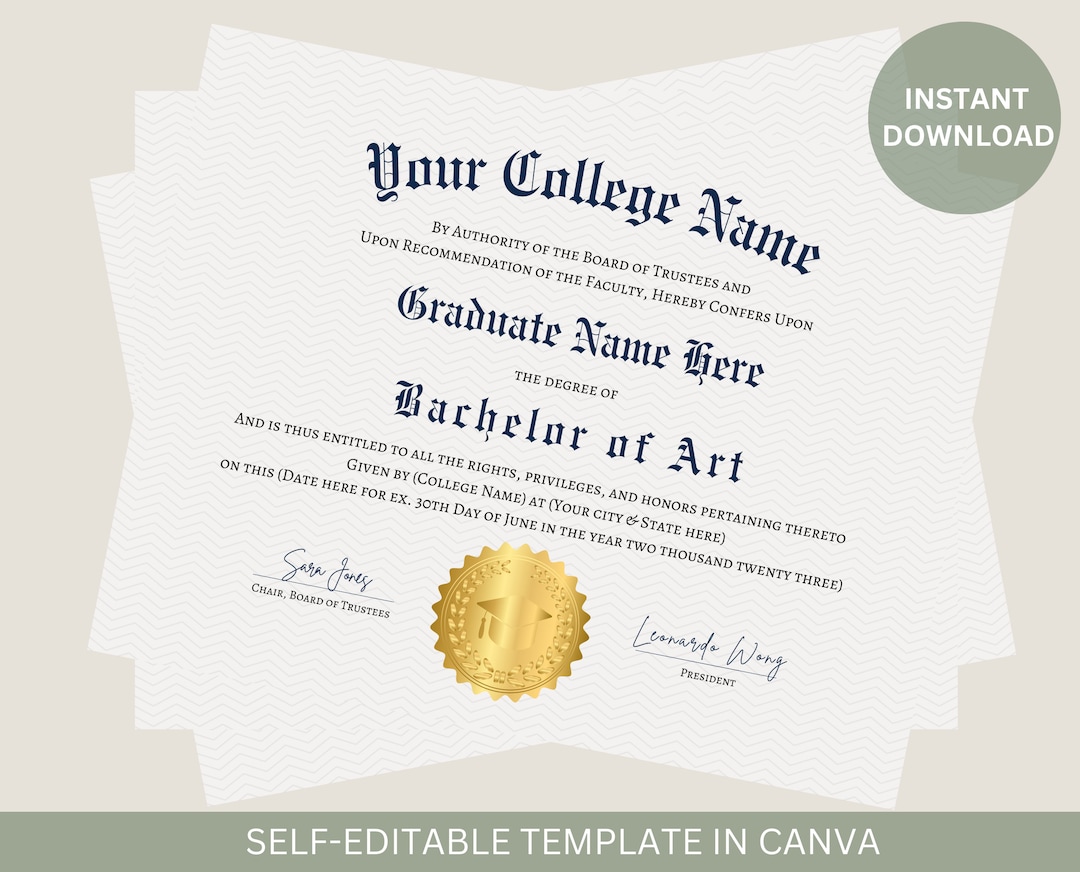 Editable College Diploma With Gold Seal Printable College Graduation ...