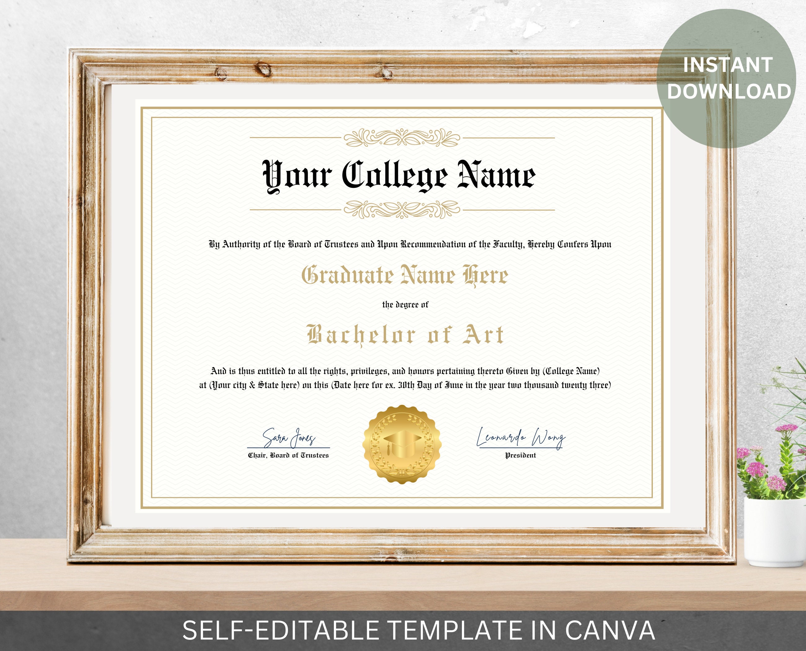 Editable College Diploma With Gold Seal Printable College Graduation ...