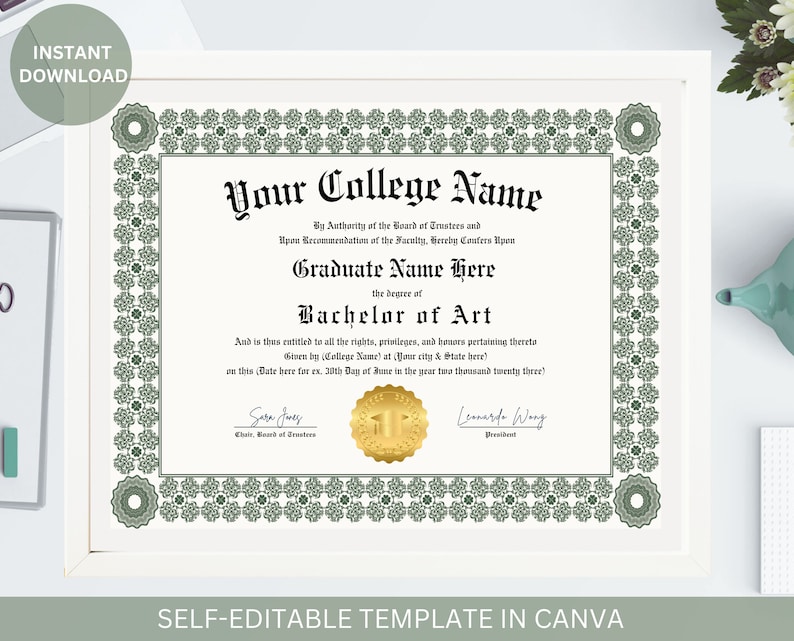 Editable College Diploma Template: Graduation Certificate With Gold ...