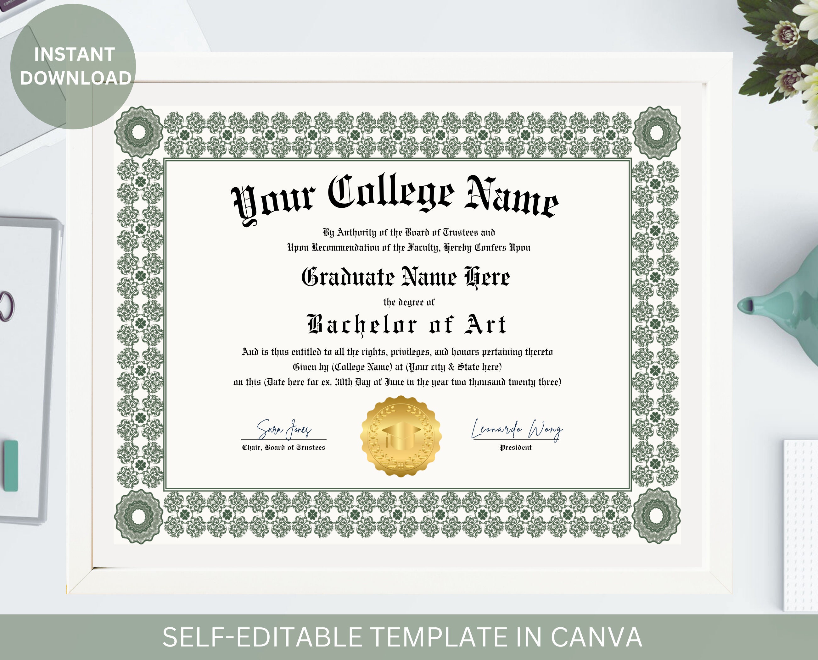 Editable College Diploma Template: Replica of Graduation Certificate ...