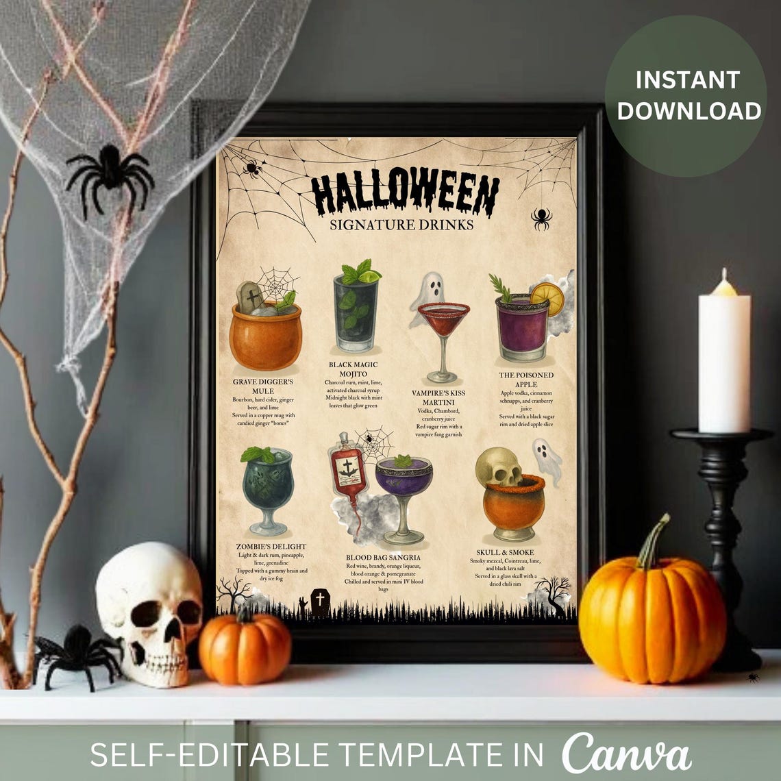 Editable Halloween Bar Menu Sign: Spooky Cocktail Party Decor (digital ...