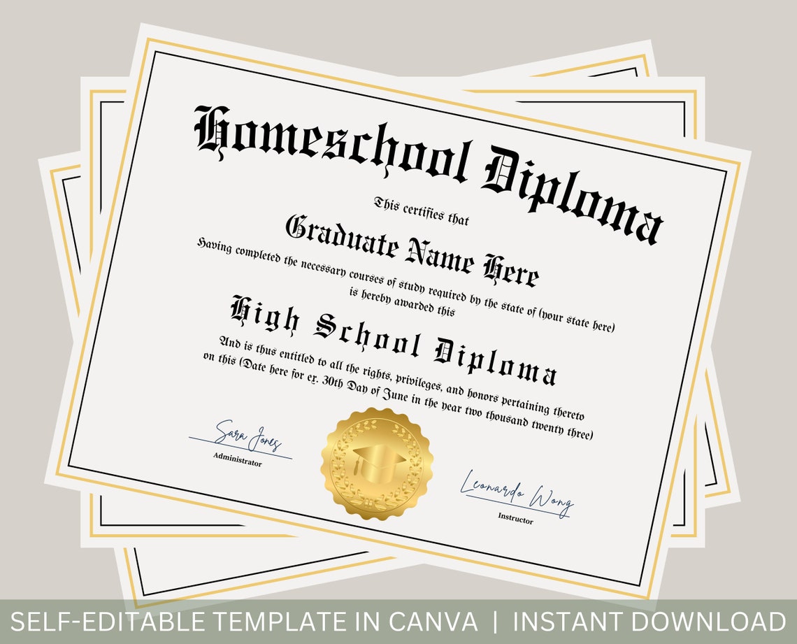 Editable Homeschool Diploma With Gold Seal Printable Homeschool ...