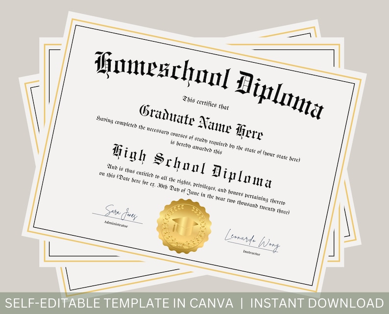 Editable Homeschool Diploma With Gold Seal Printable Homeschool ...