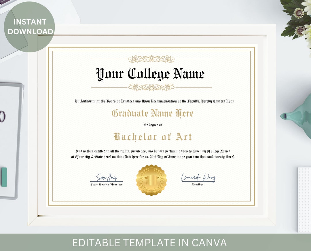 Editable College Diploma With Gold Seal Printable College Graduation ...