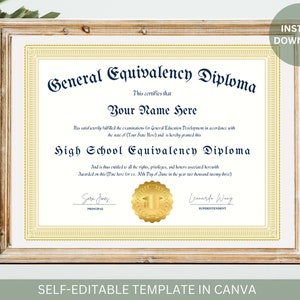 Editable GED Diploma With Gold Seal Graduation Certificate Printable High School Equivalency ...