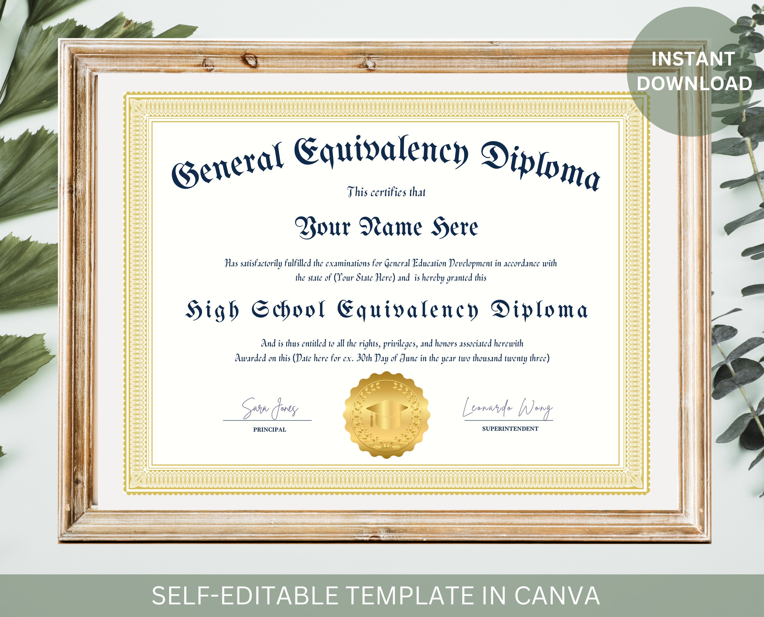 Editable GED Diploma With Gold Seal Graduation Certificate Printable ...