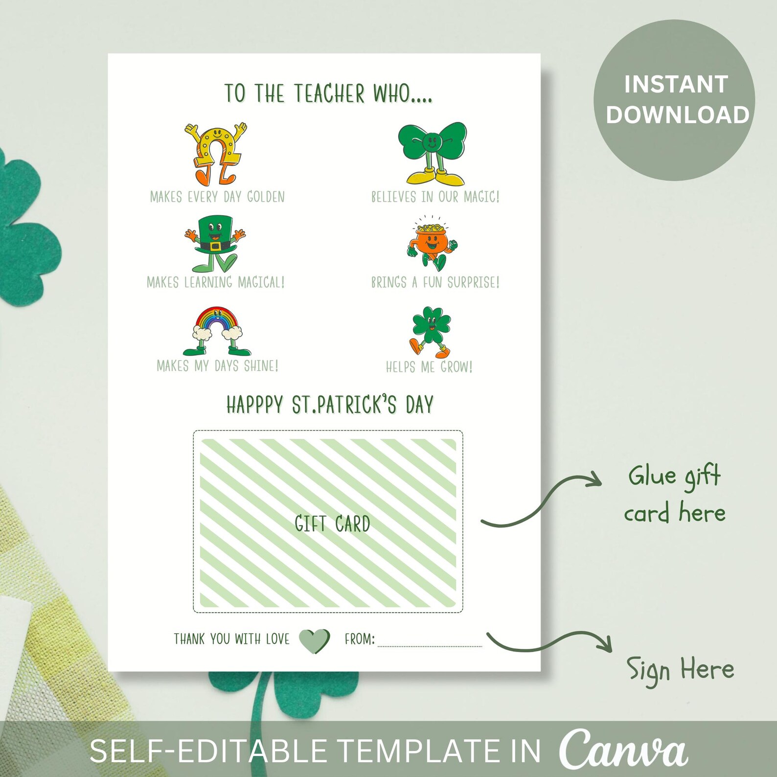 Editable St. Patrick's Day Teacher Gift Card Holder (printable) - Etsy