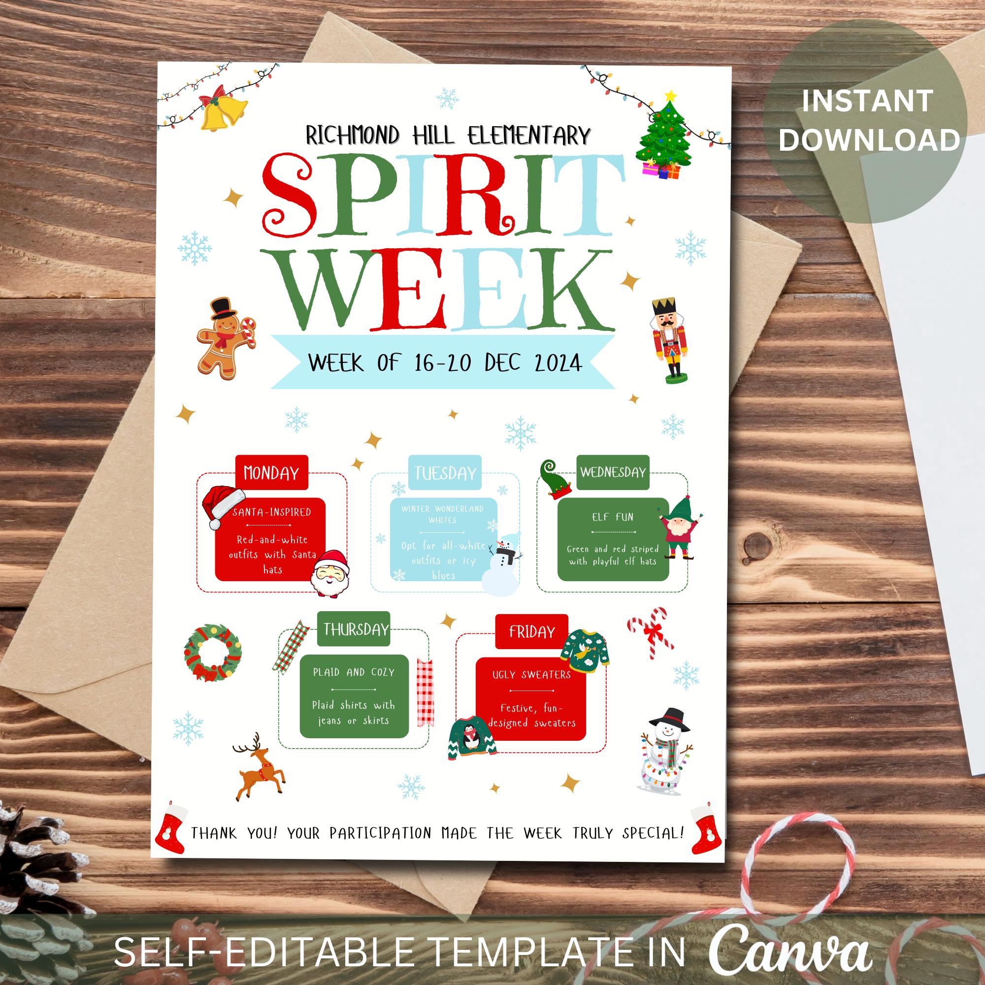 Editable Christmas Spirit Week Flyer: School Holiday Dress-up Schedule ...