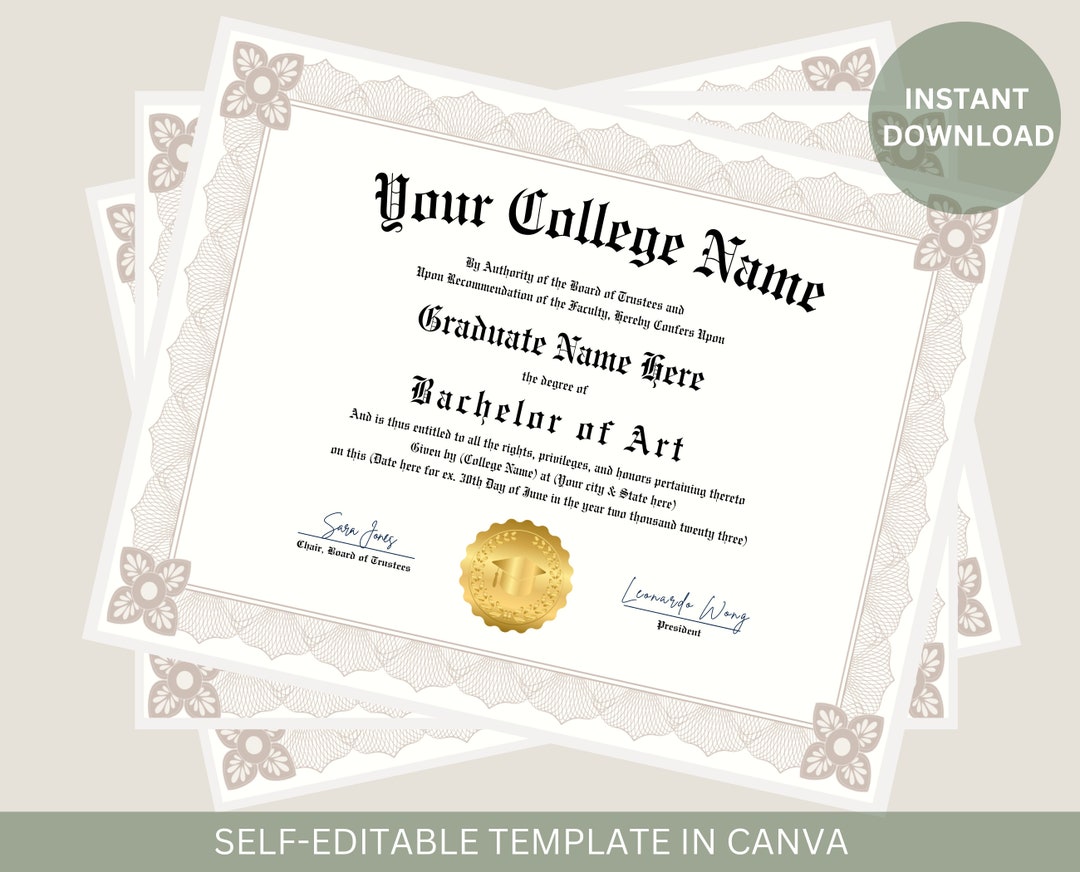 Editable College Diploma With Gold Seal Printable College Graduation ...
