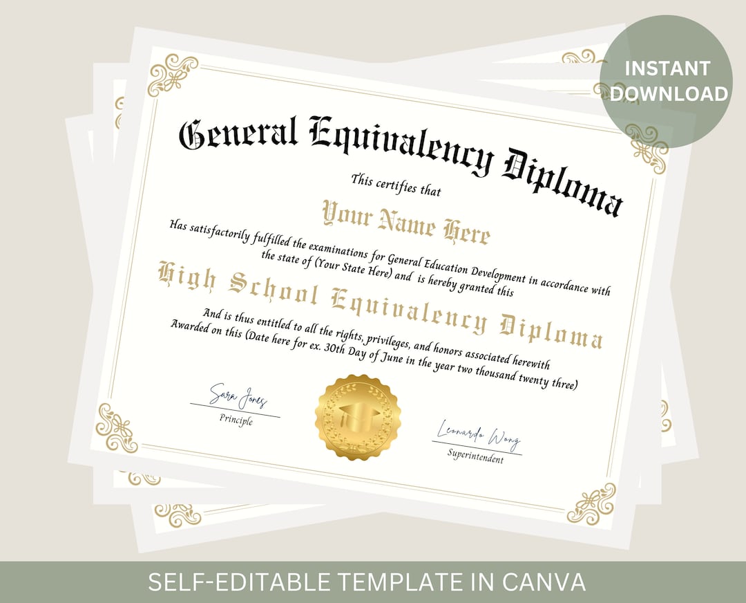 Editable GED Diploma Template: Graduation Certificate With Gold Seal (digital Download) - Etsy