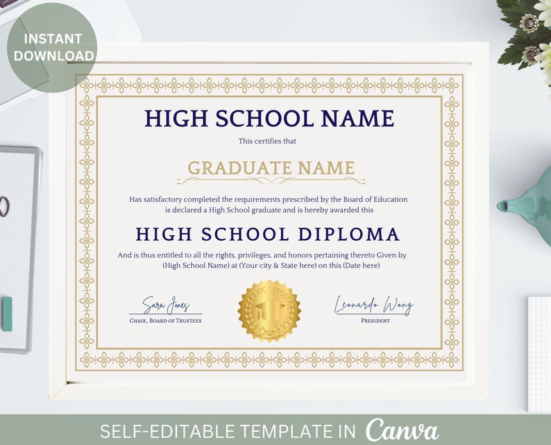 Editable High School Diploma With Gold Seal Printable Graduation ...