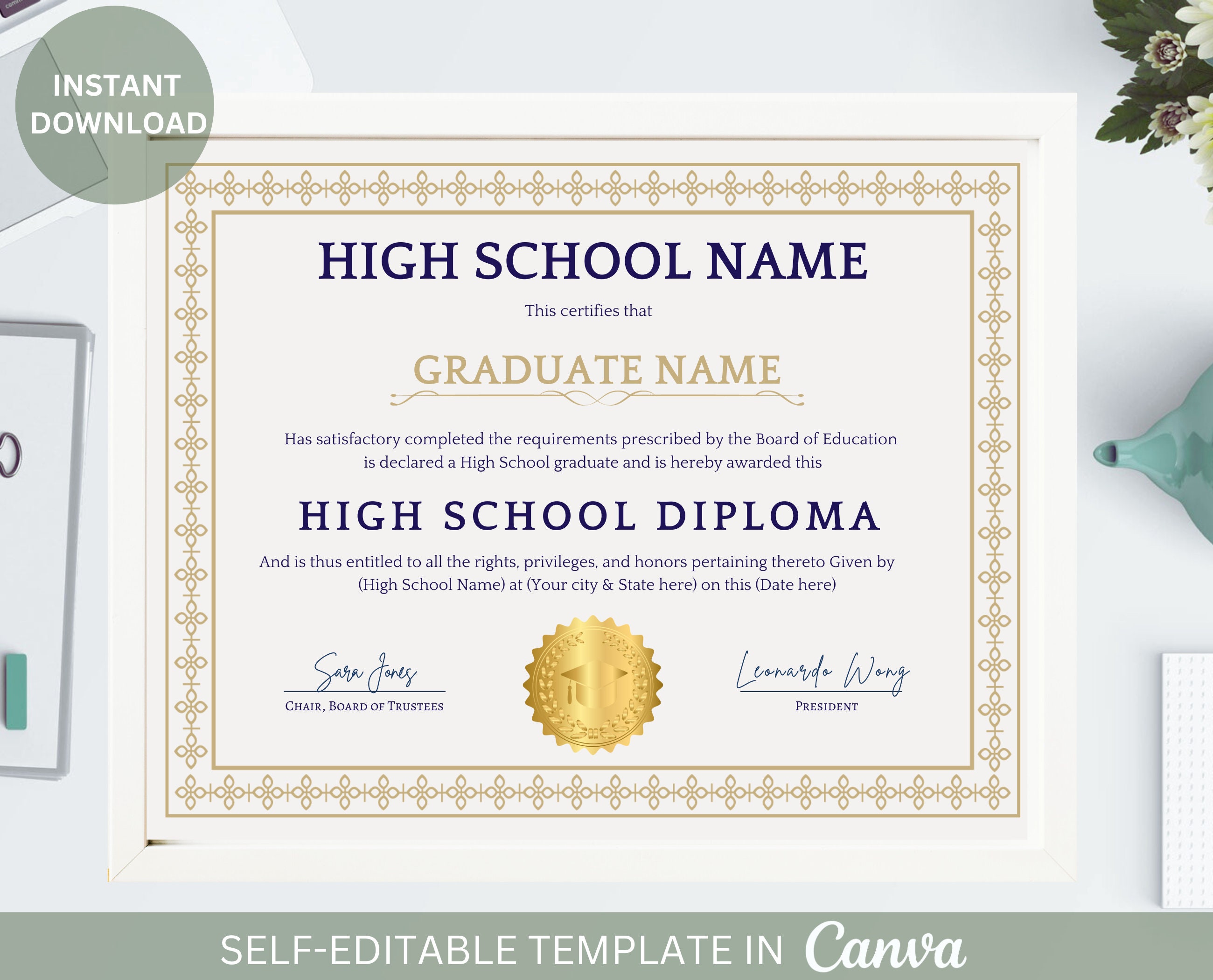Editable High School Diploma With Gold Seal Printable Graduation ...