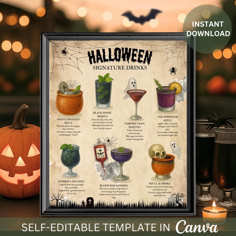 Editable Halloween Bar Menu Sign: Spooky Cocktail Party Decor (digital ...