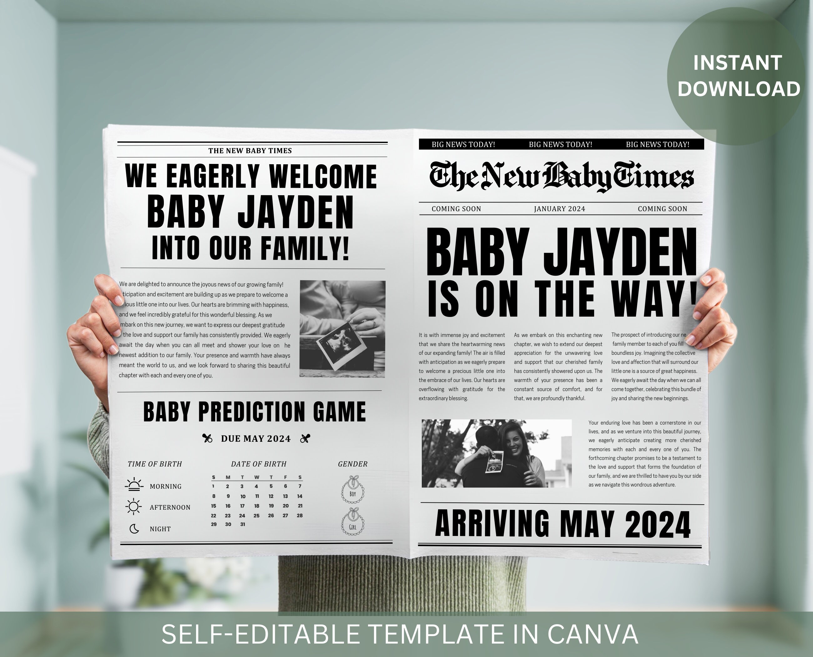 Editable Large Newspaper Baby Announcement Canva Newspaper Pregnancy ...