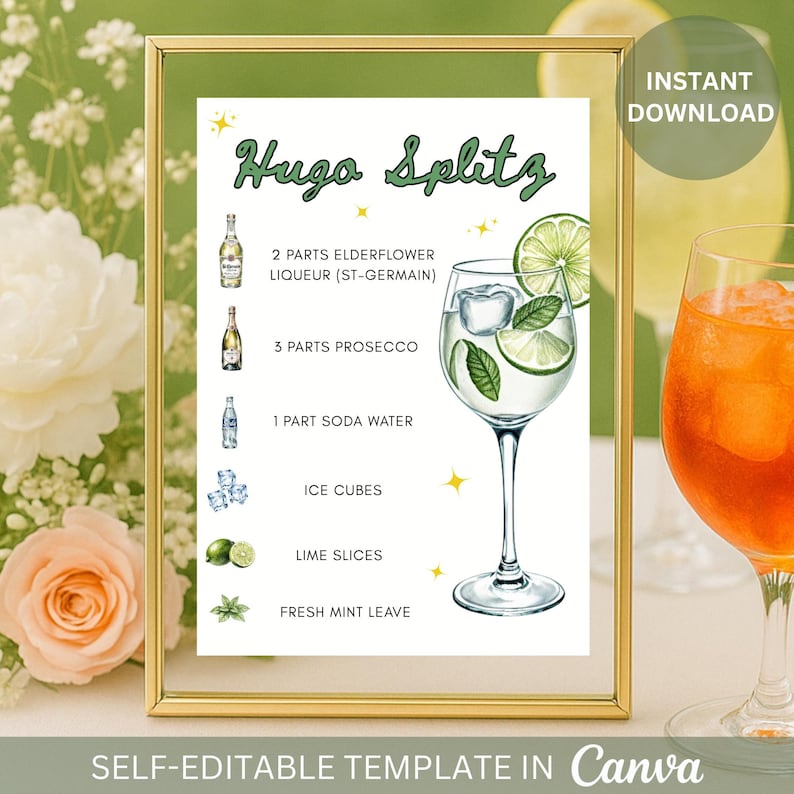 Editable Hugo Spritz Bar Sign: Signature Cocktail Splitz Recipe Card ...