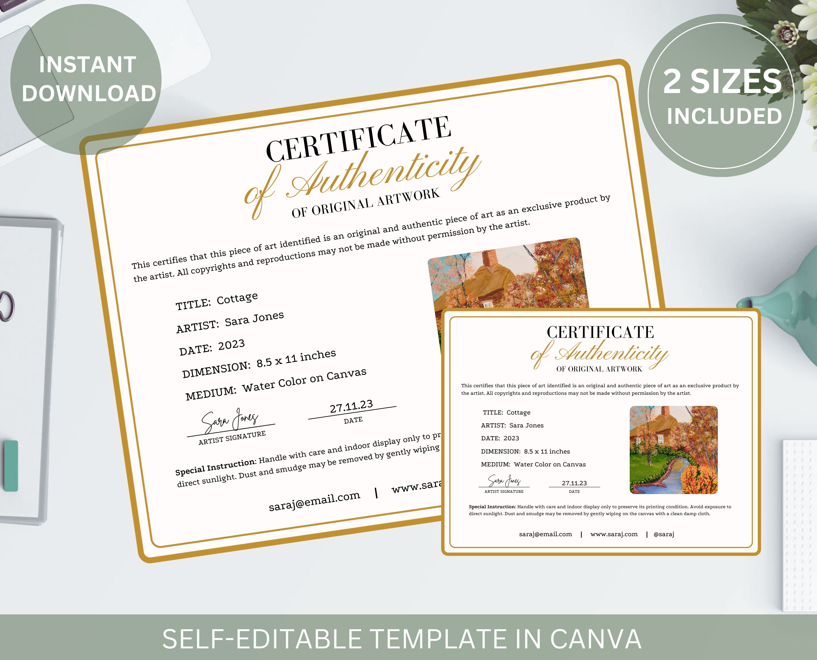 Editable Certificate of Authenticity of Original Artwork Printable ...