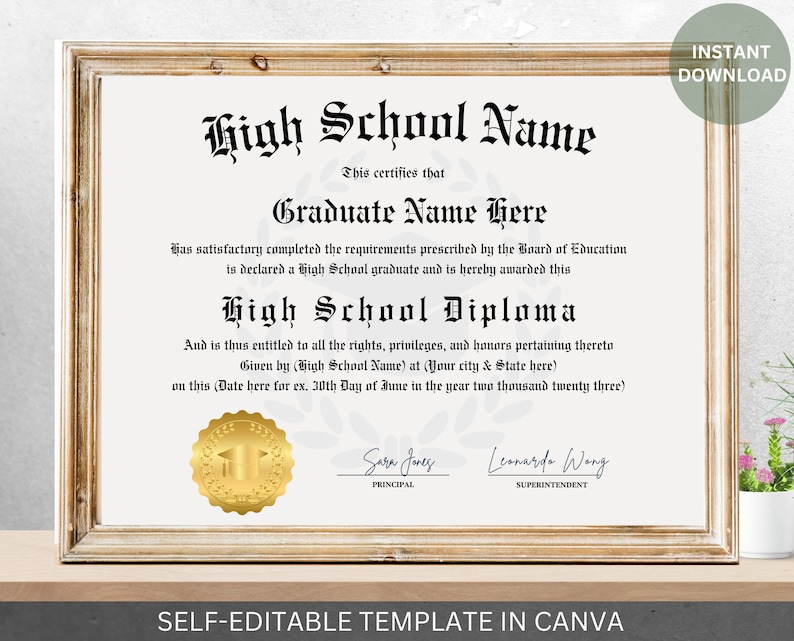 Editable High School Diploma Template: Replica of Graduation ...