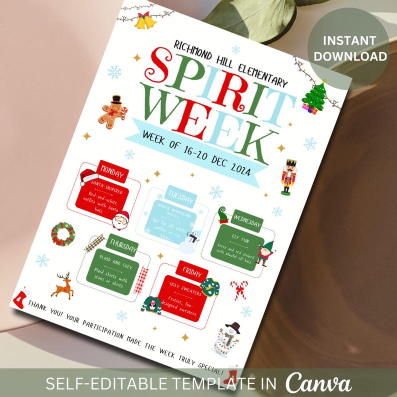 Editable Christmas Spirit Week Itinerary Schedule Flyer for Elementary ...