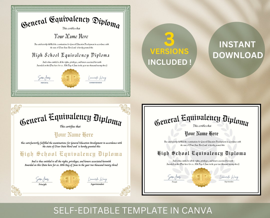 BUNDLE Editable GED Diploma With Gold Seal Printable High School ...