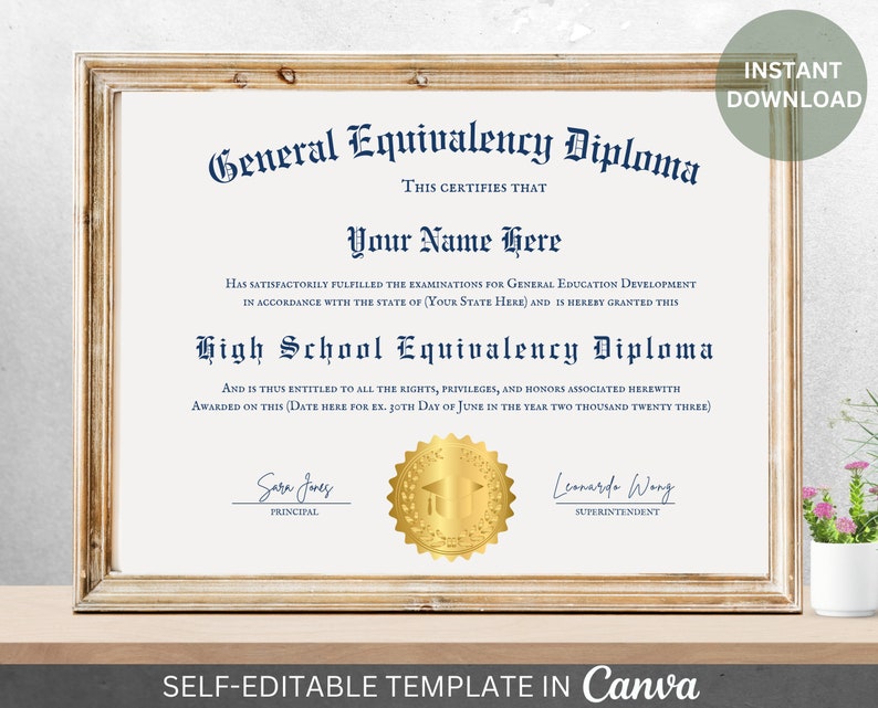 Editable GED Diploma With Gold Seal Graduation Certificate Printable ...
