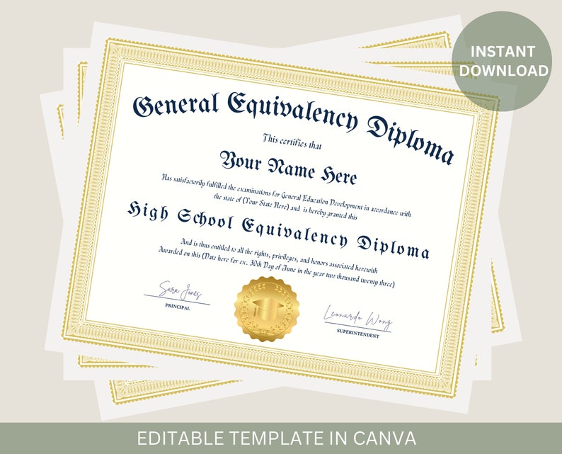 Editable GED Diploma With Gold Seal Graduation Certificate Printable ...