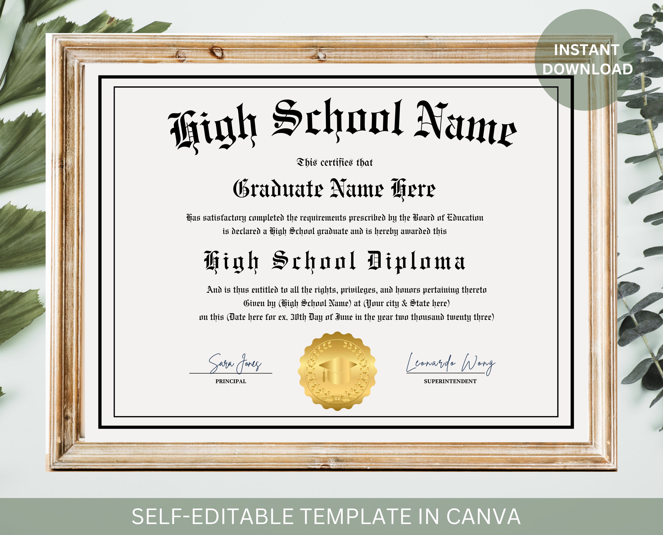 Editable High School Diploma With Gold Seal Printable Homeschool ...