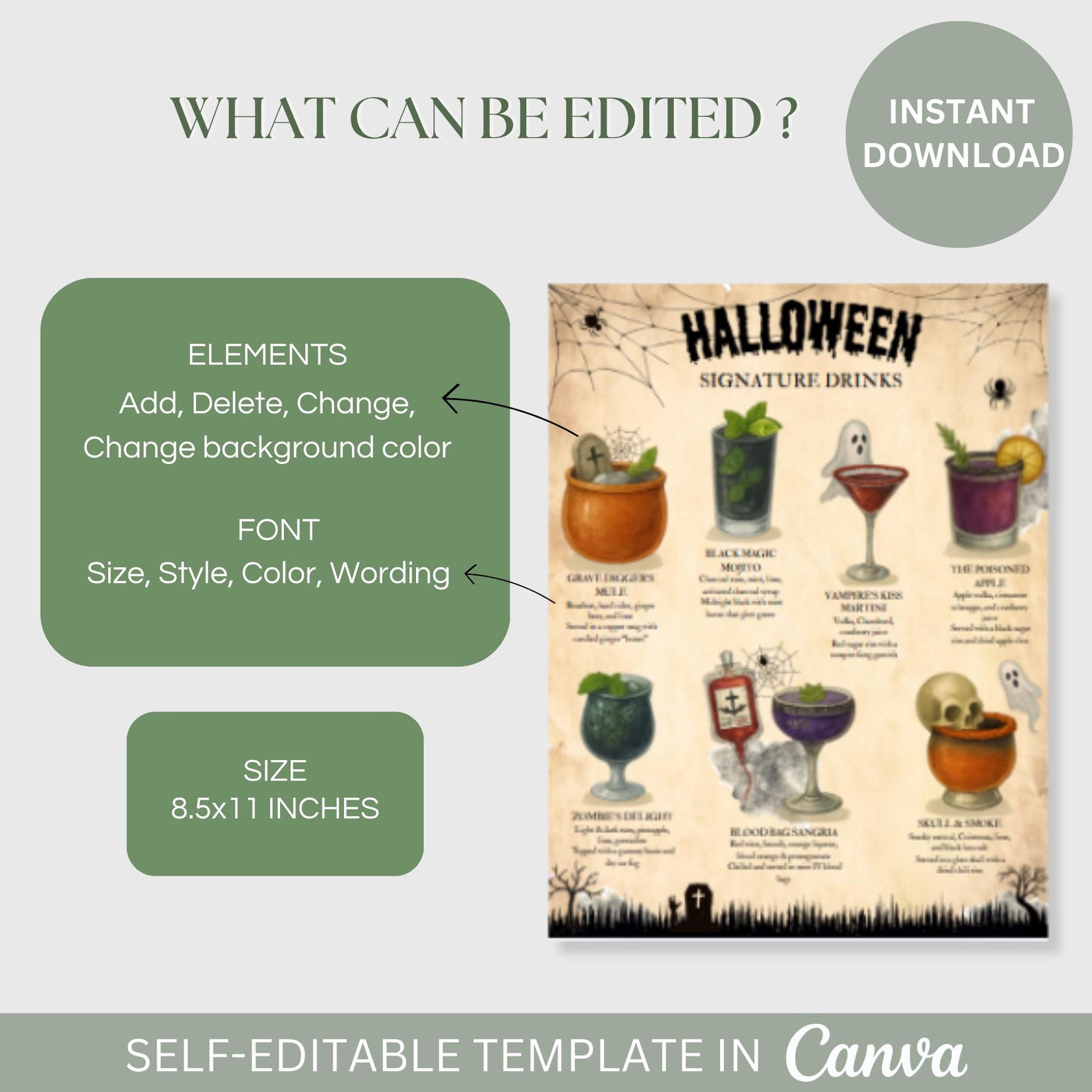 Editable Halloween Bar Menu Sign: Spooky Cocktail Party Decor (digital ...