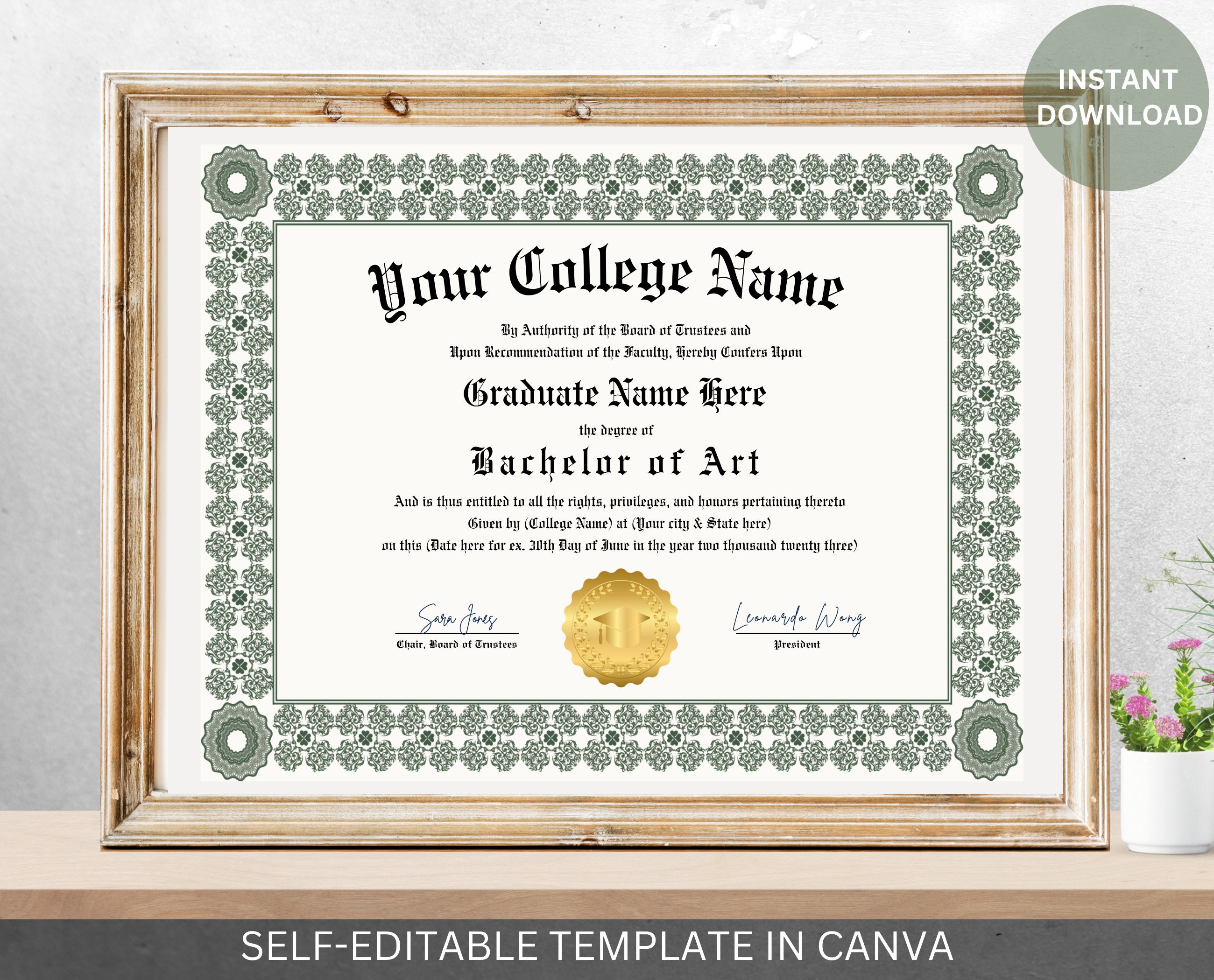 Editable College Diploma With Gold Seal Printable Graduation ...