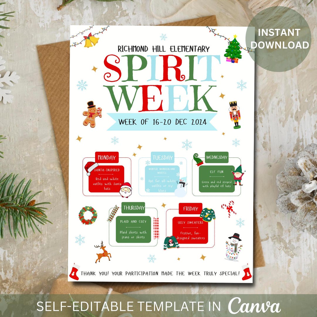 Editable Christmas Spirit Week Itinerary Schedule Flyer Elementary Kids ...