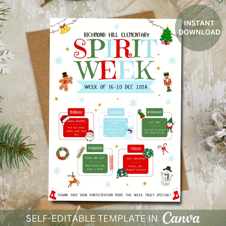 Editable Christmas Spirit Week Itinerary Schedule Flyer for Elementary ...