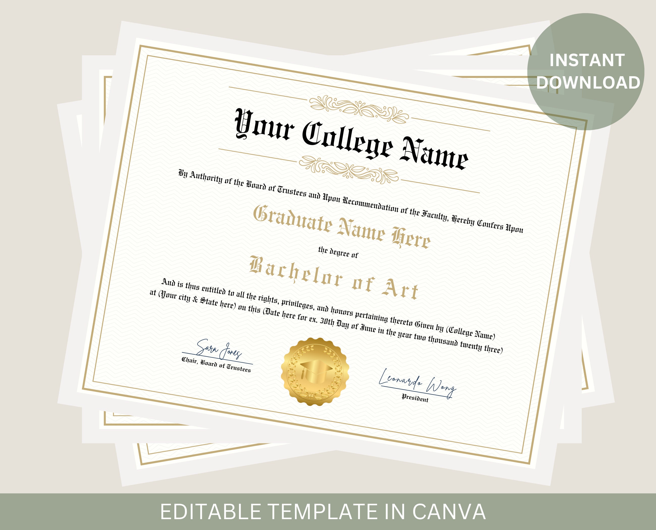 Editable College Diploma With Gold Seal Printable College Graduation ...