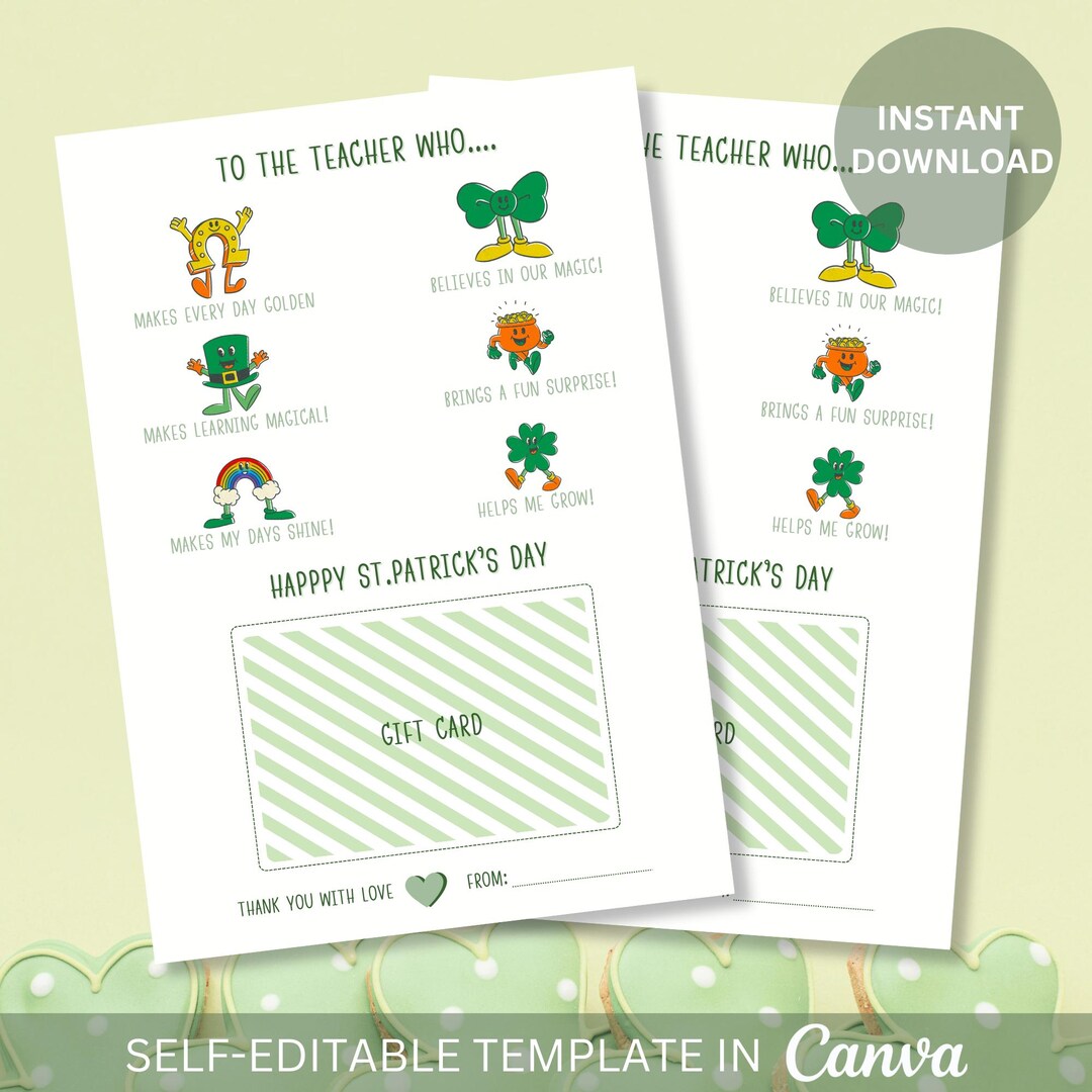 Editable St. Patrick's Day Teacher Gift Card Holder (printable) - Etsy