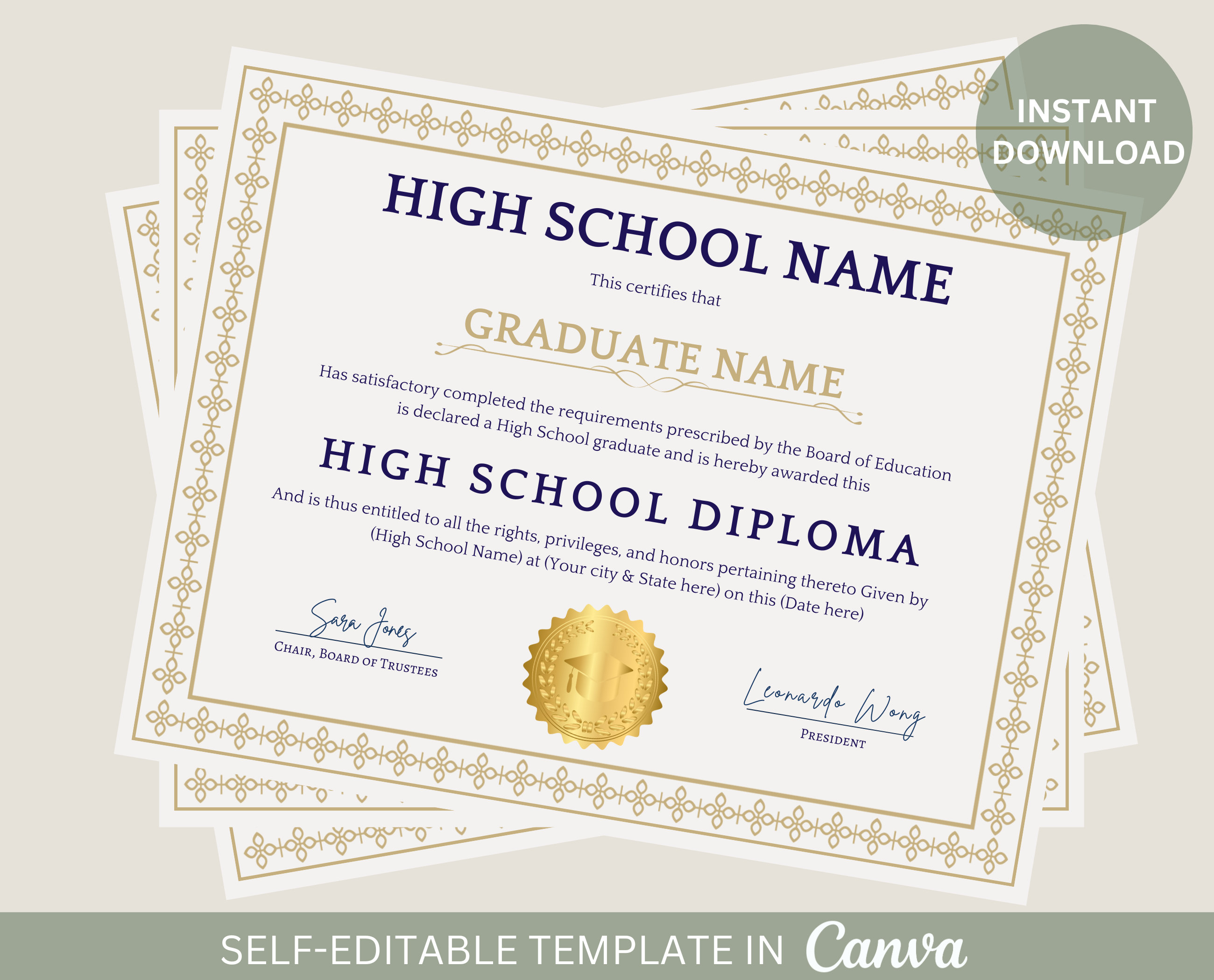 Editable High School Diploma With Gold Seal Printable Graduation ...