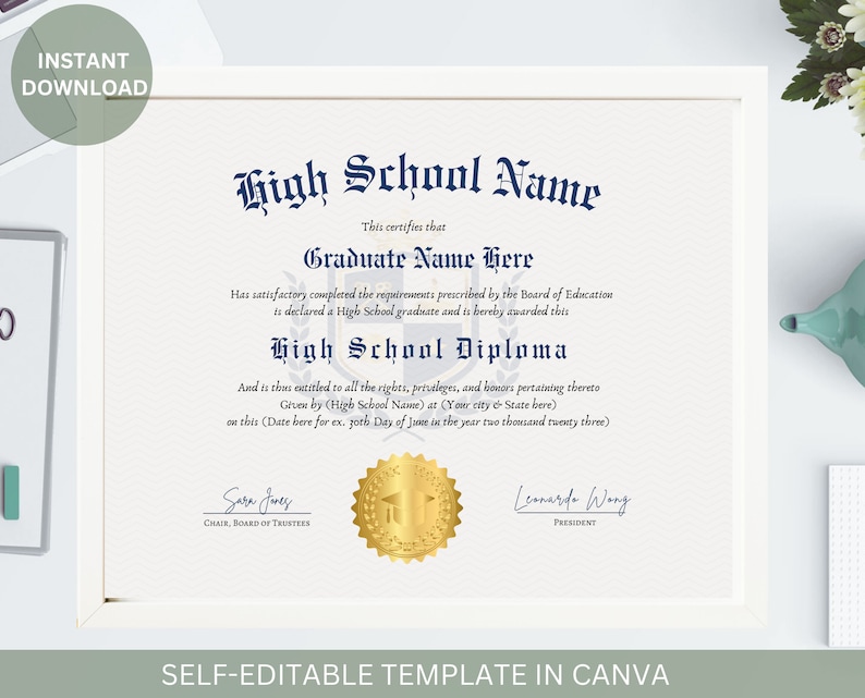 Editable High School Diploma Template: Replica of Graduation ...