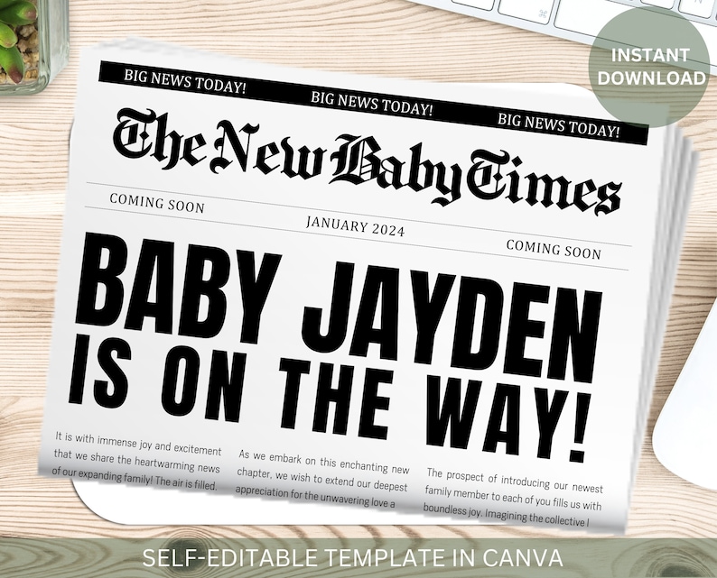 Editable Large Newspaper Baby Announcement Canva Newspaper Pregnancy ...