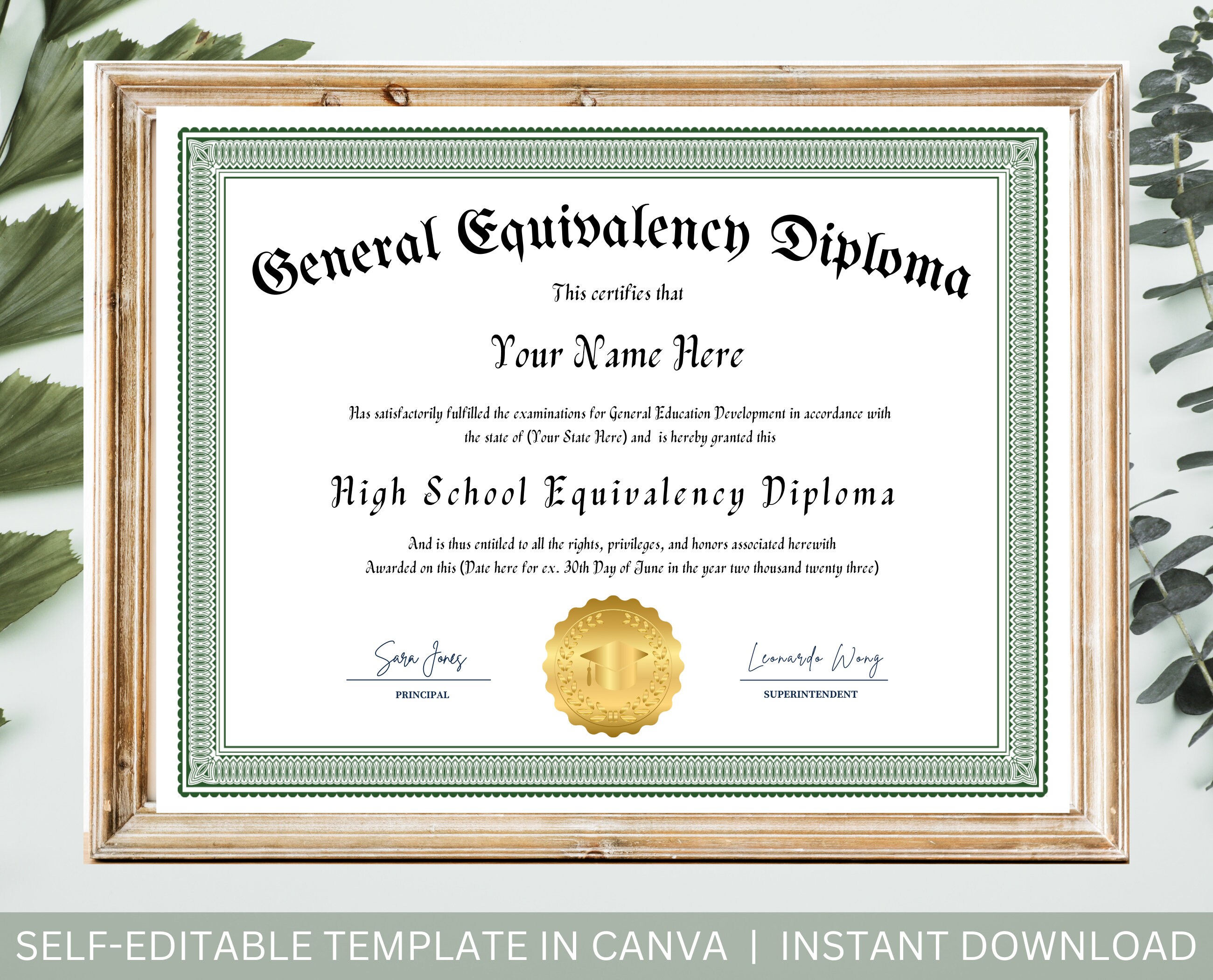 Editable GED Diploma With Gold Seal Printable High School Equivalency ...
