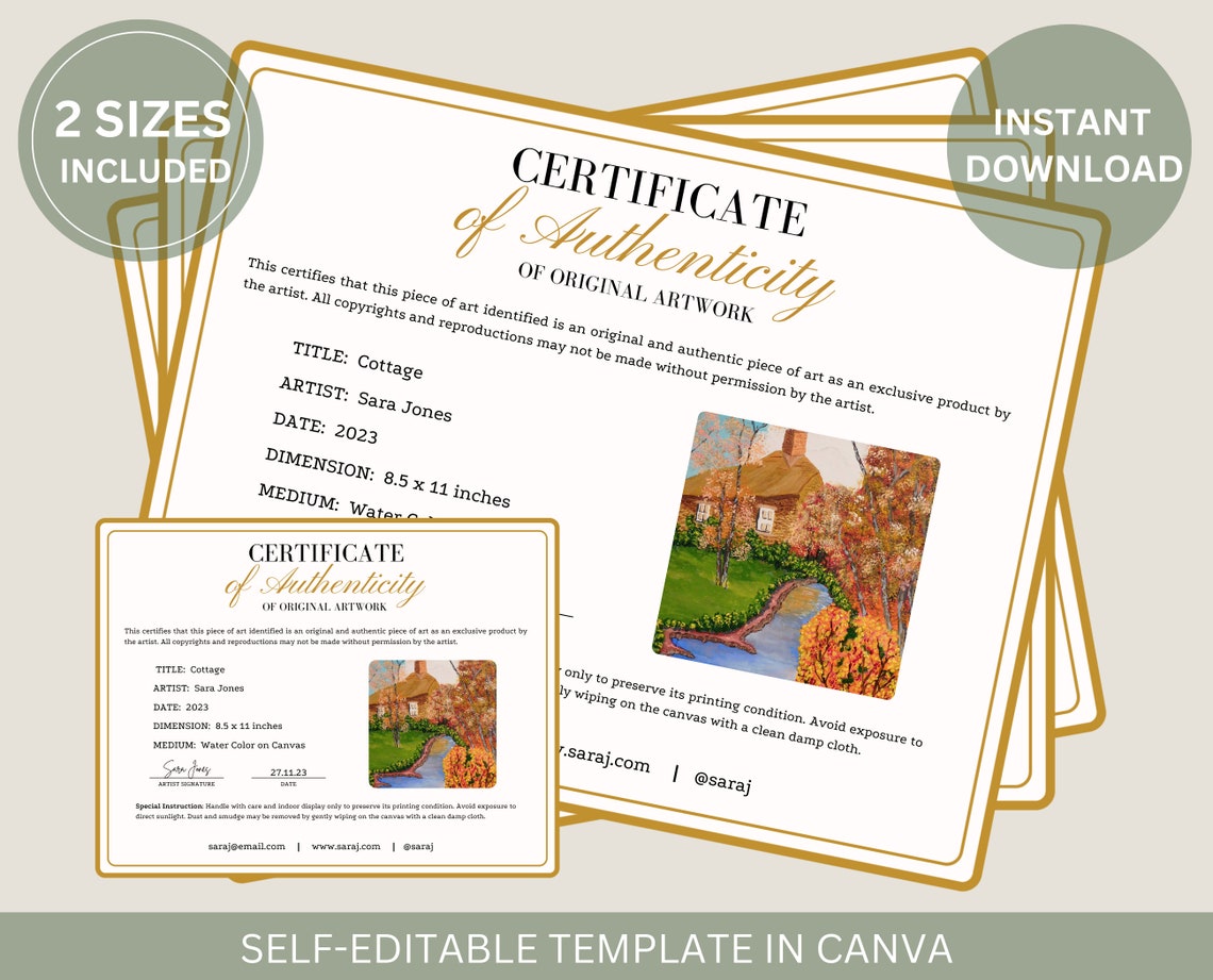 Editable Certificate of Authenticity of Original Artwork Printable ...